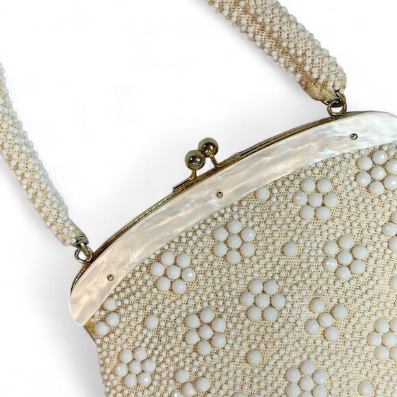 Vintage | Bags | 9450s Beaded Ivory Purse With Pearl Lucite Trim Kiss ...